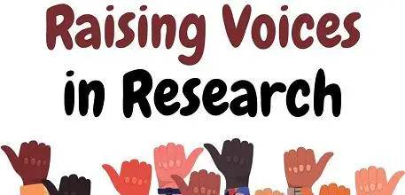 Raising voices in research (text) with lots of different people's hands up